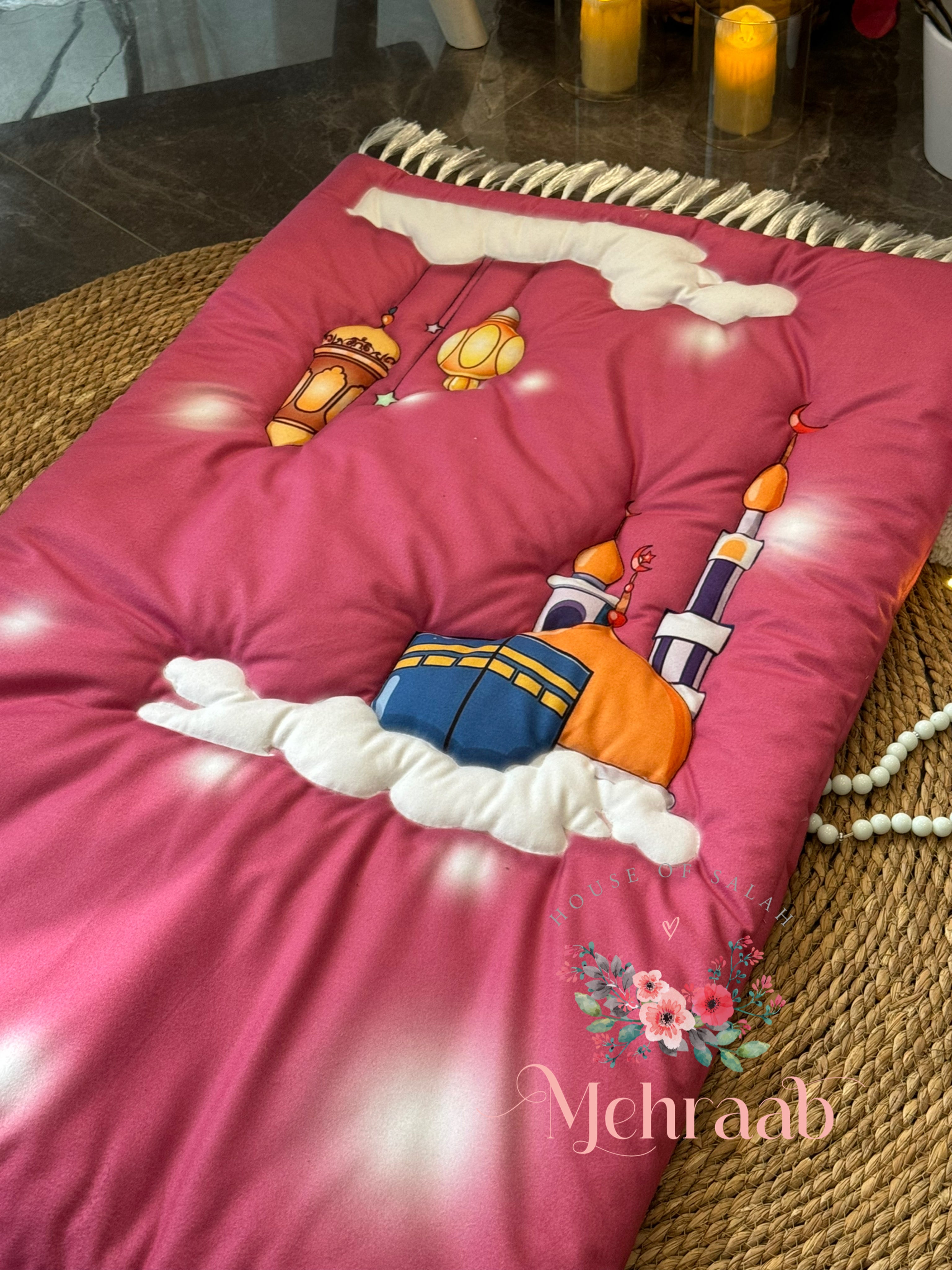 K03:Pink janamaz with kaaba on clouds – Mehraab